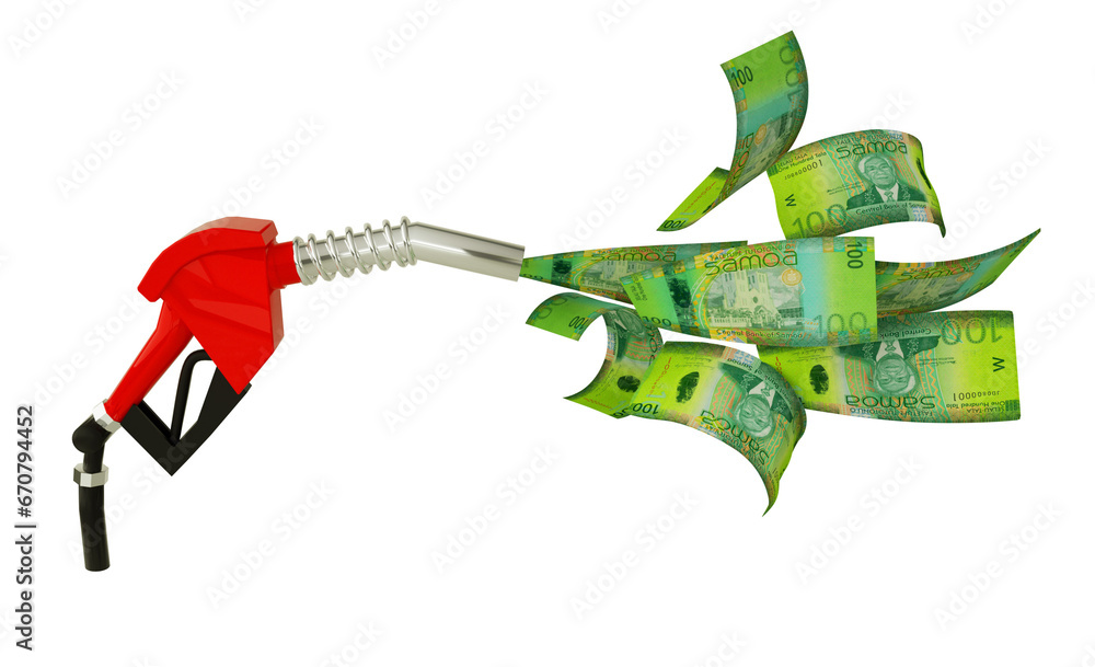 3d rendering of Samoan tala notes coming out from fuel pump. red fuel ...