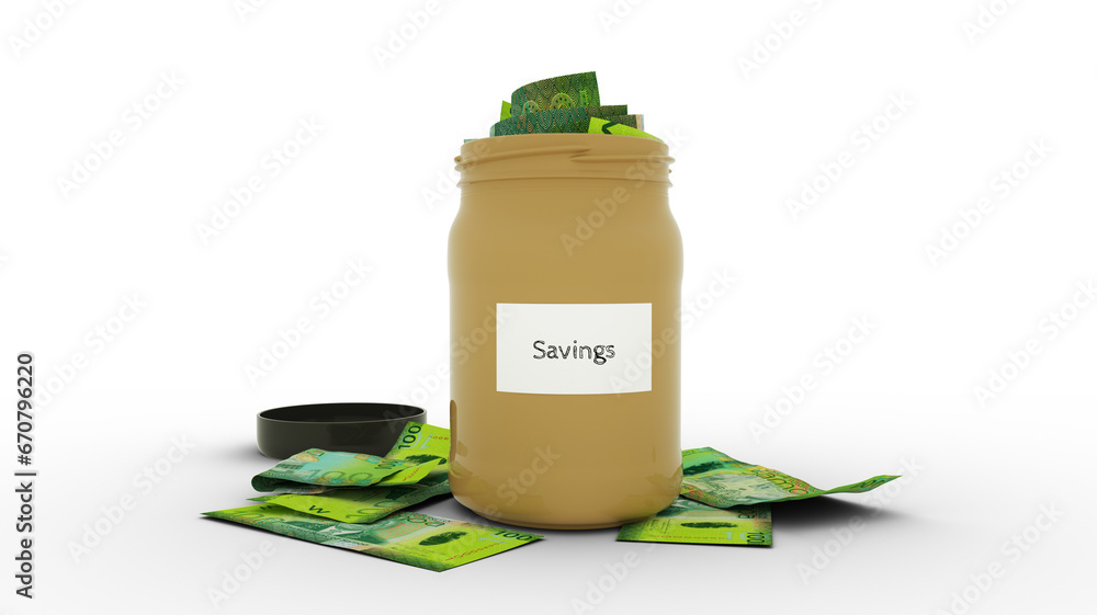 3D rendering of Samoan Tala notes in savings container filled to the ...