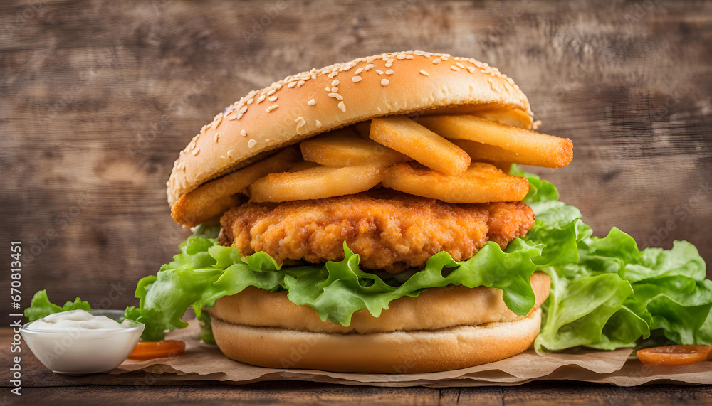 Hot and spicy crispy chicken burger filled with spicy fries isolated ...