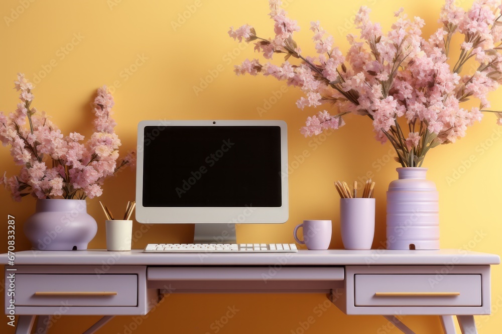 Pastel lavender office desk with a pastel yellow desktop computer ...