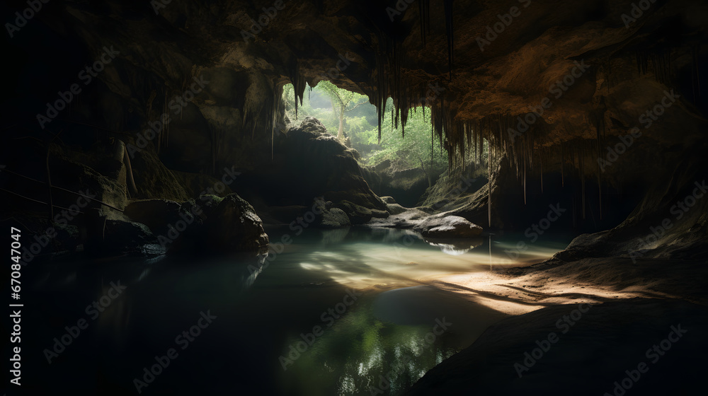 Cavern with an underground river. Sunlight filters through openings in ...
