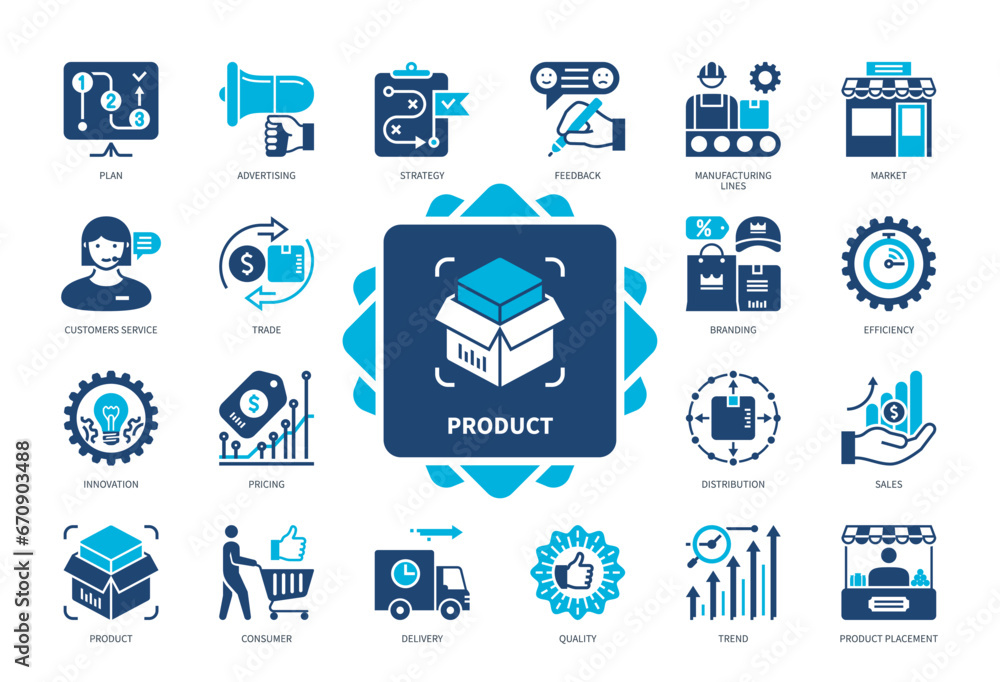 Product icon set. Delivery, Feedback, Pricing, Trends, Market ...