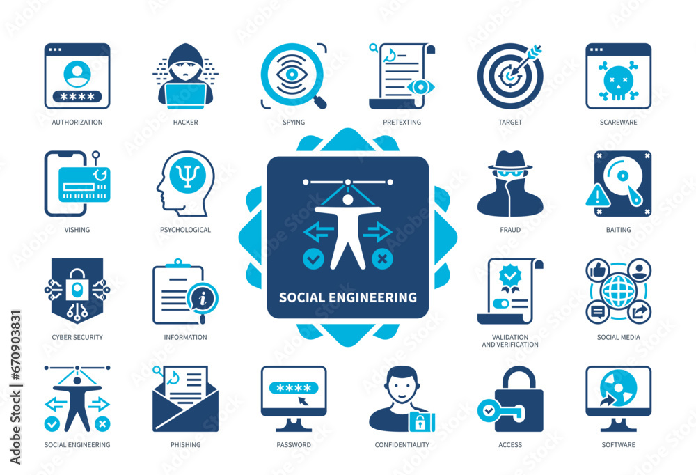 Social Engineering icon set. Phishing, Password, Baiting, Spying ...