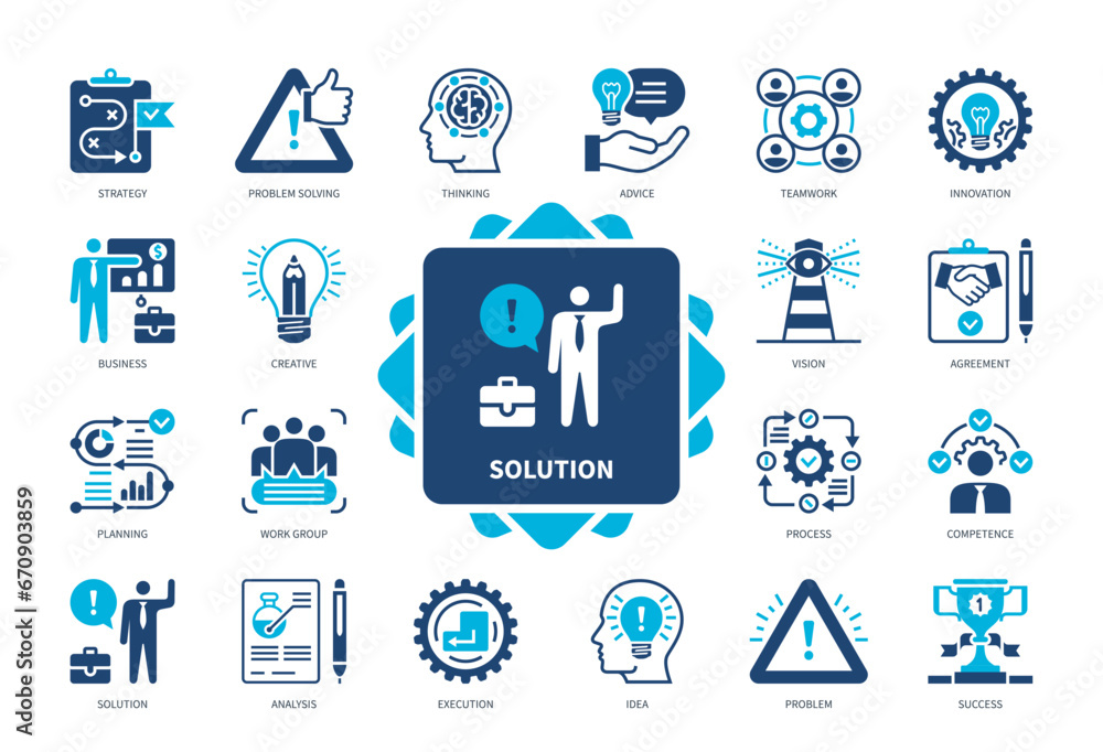 Solution icon set. Planning, Analysis, Problem Solving, Strategy, Thinking, Idea, Execution ...