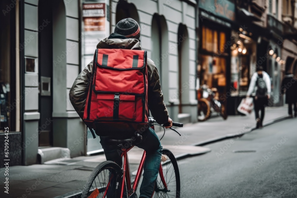 A delivery driver with a red backpack delivering a package on a bike in ...