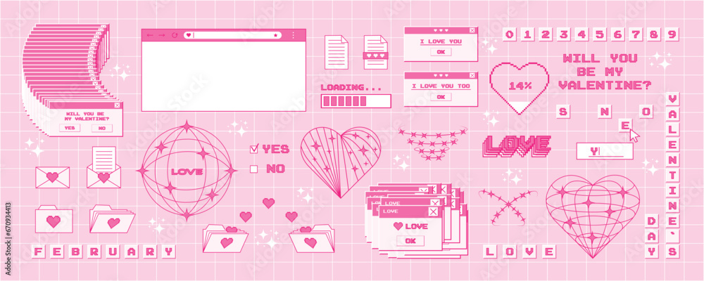 Set of stickers for Valentine's Day in trendy y2k style. Old computer ...