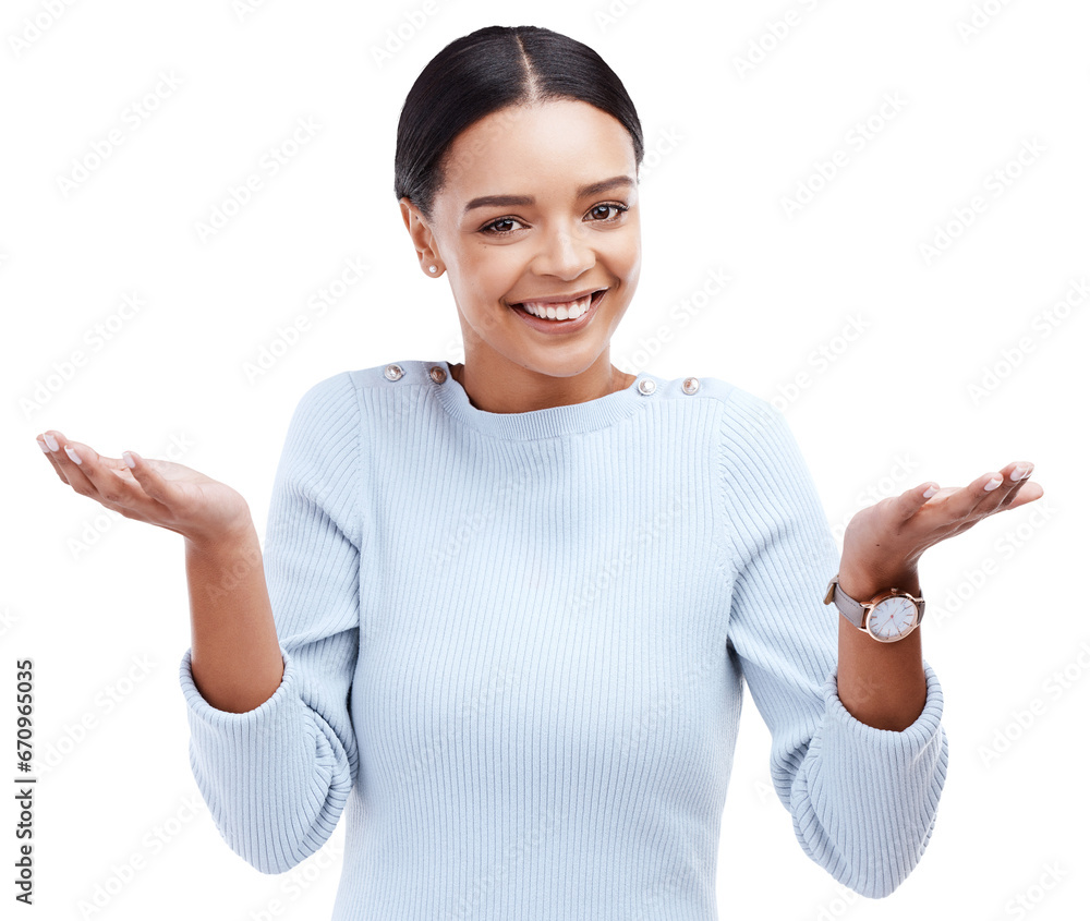 Happy, doubt and portrait of woman shrugging for a positive decision, choice or question. Face ...