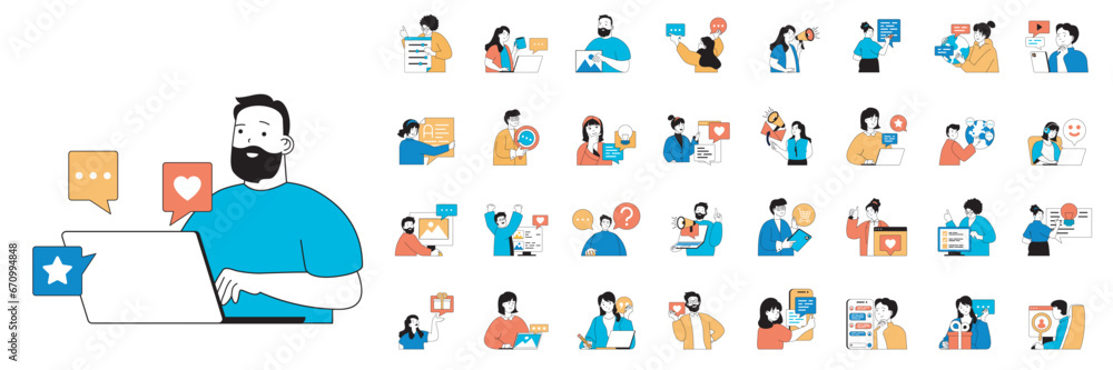 Vector de Stock Social media concept with people situations mega set in ...