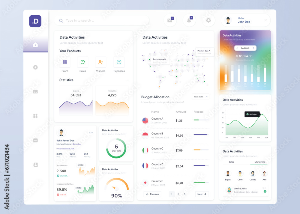 Vector de Stock UI UX Infographic dashboard. UI design with graphs, charts and diagrams. Web ...