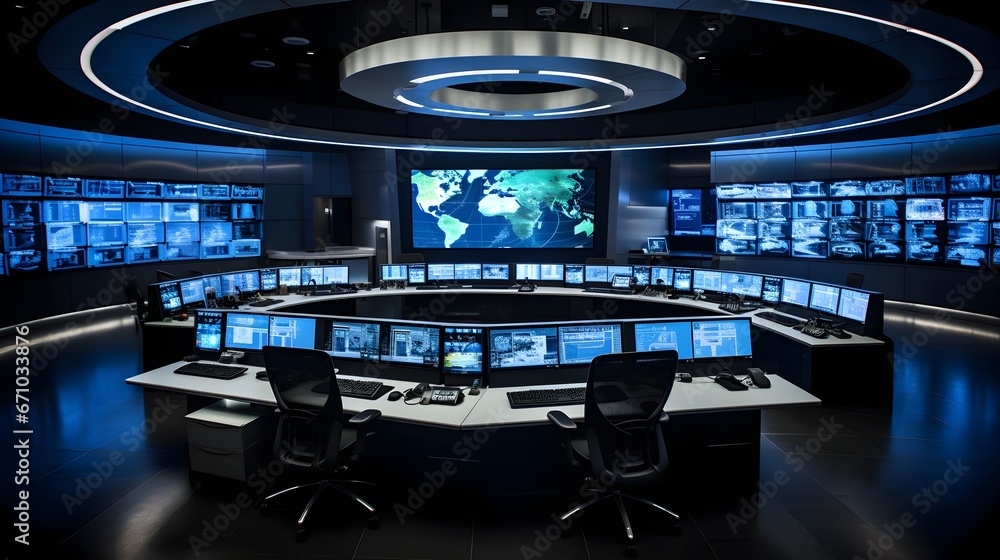 Digital command center, wide-angle shot of a high-tech control room, with operators monitoring ...