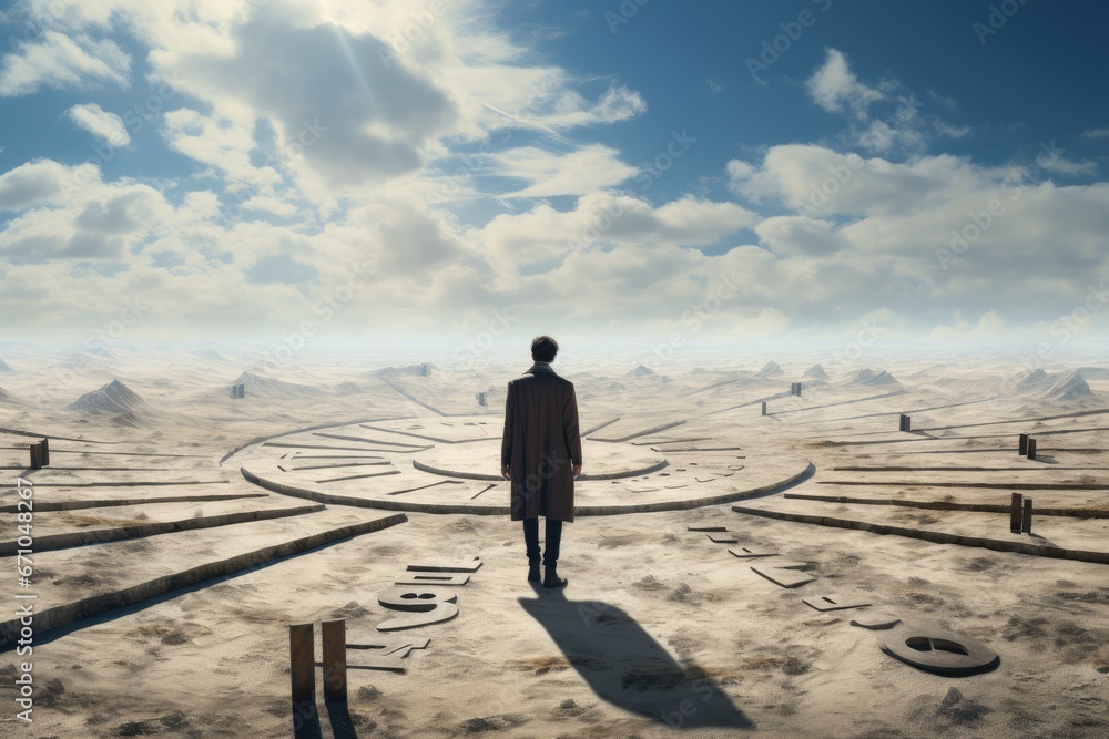 Man walking in really tall labyrinth man looks small Stock Photo ...