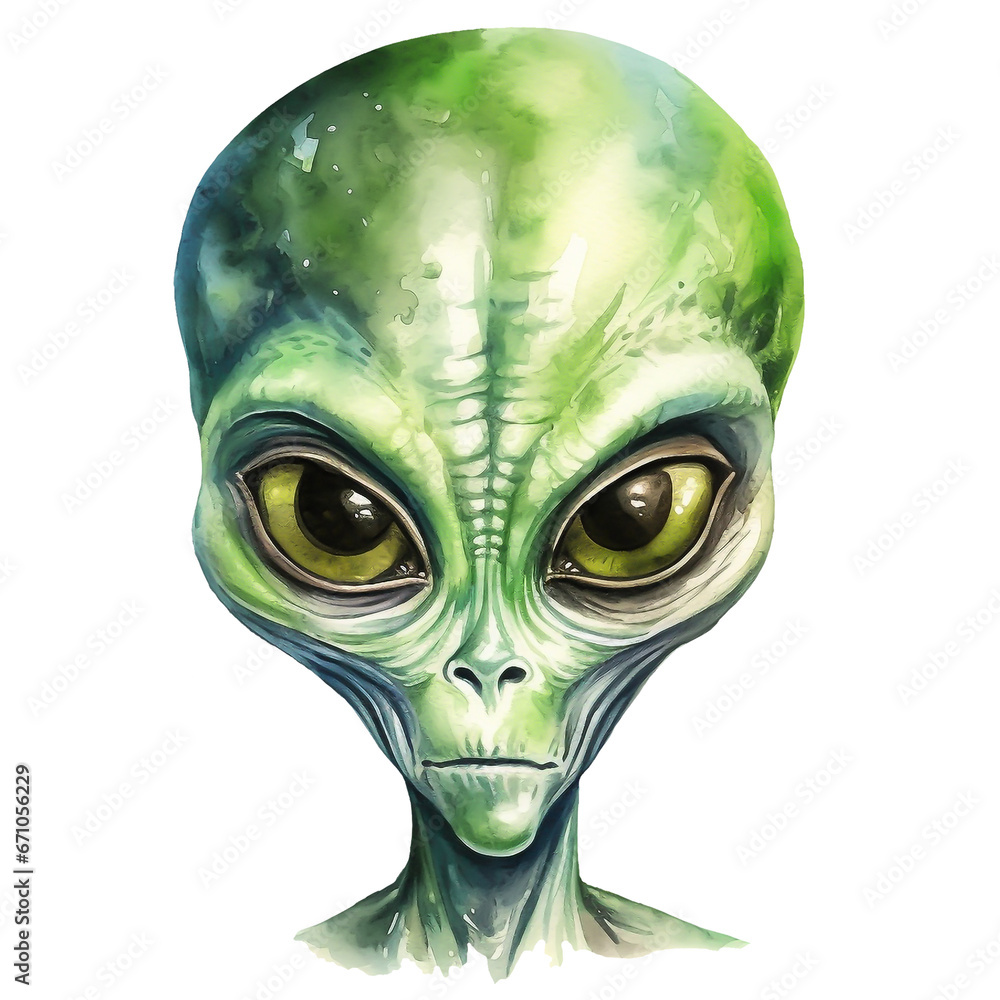 Green alien head, portrait with big eyes png isolated on a transparent ...