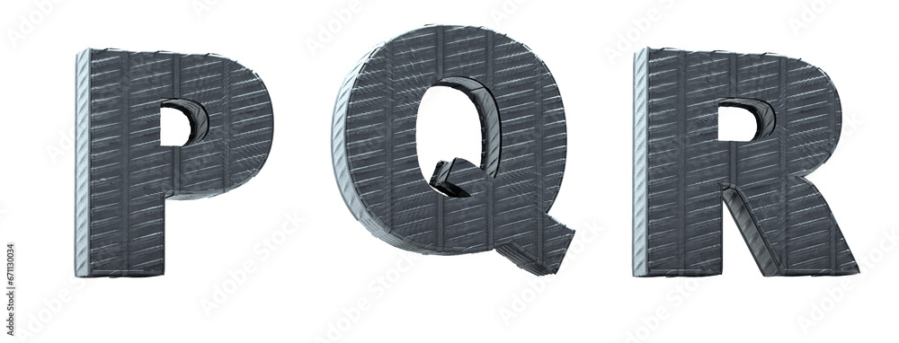 Alphabet with metal texture. Letters P, Q, R, made in 3D render with ...