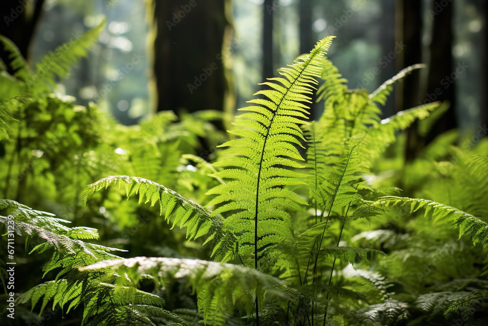 Ferns grow wildly and densely in the underbrush of a lush forest ...