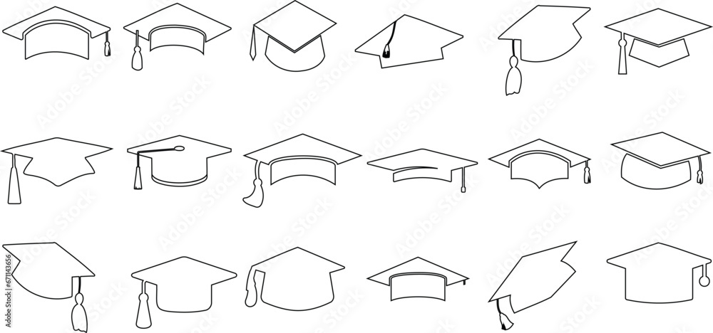 Graduation caps, black and white vector illustration, line art, various ...