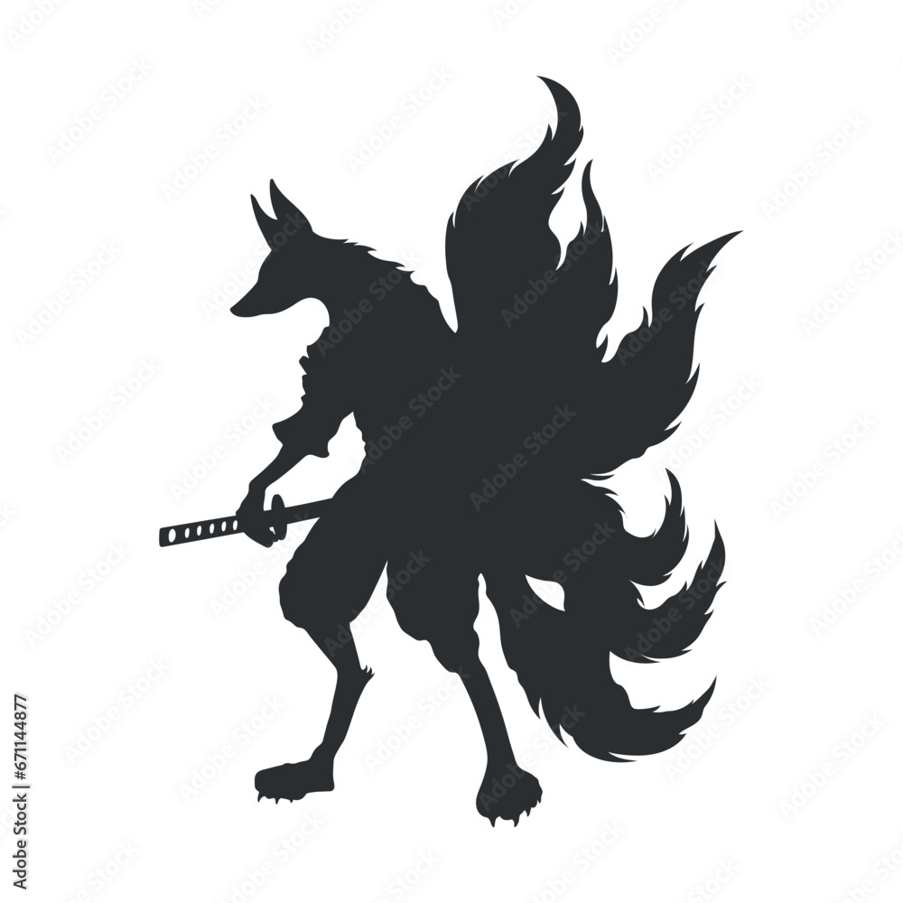 Isolated silhouette fox warrior. Black kitsune template. Mystic kumiho ...