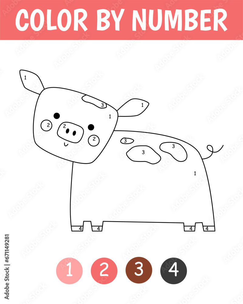 Color by number game for kids. Childish cute pig in naive style. Farm ...