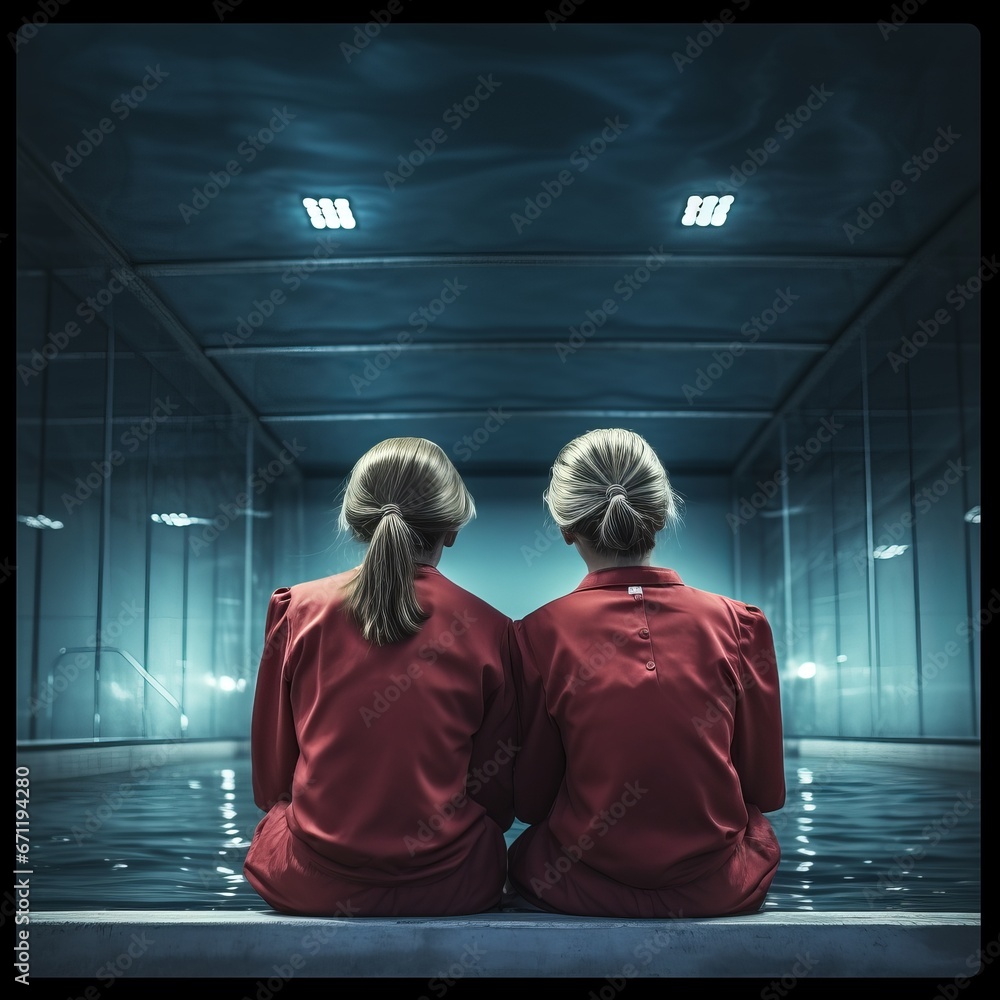 Photographed from the back, two female swimmers are sitting in each ...