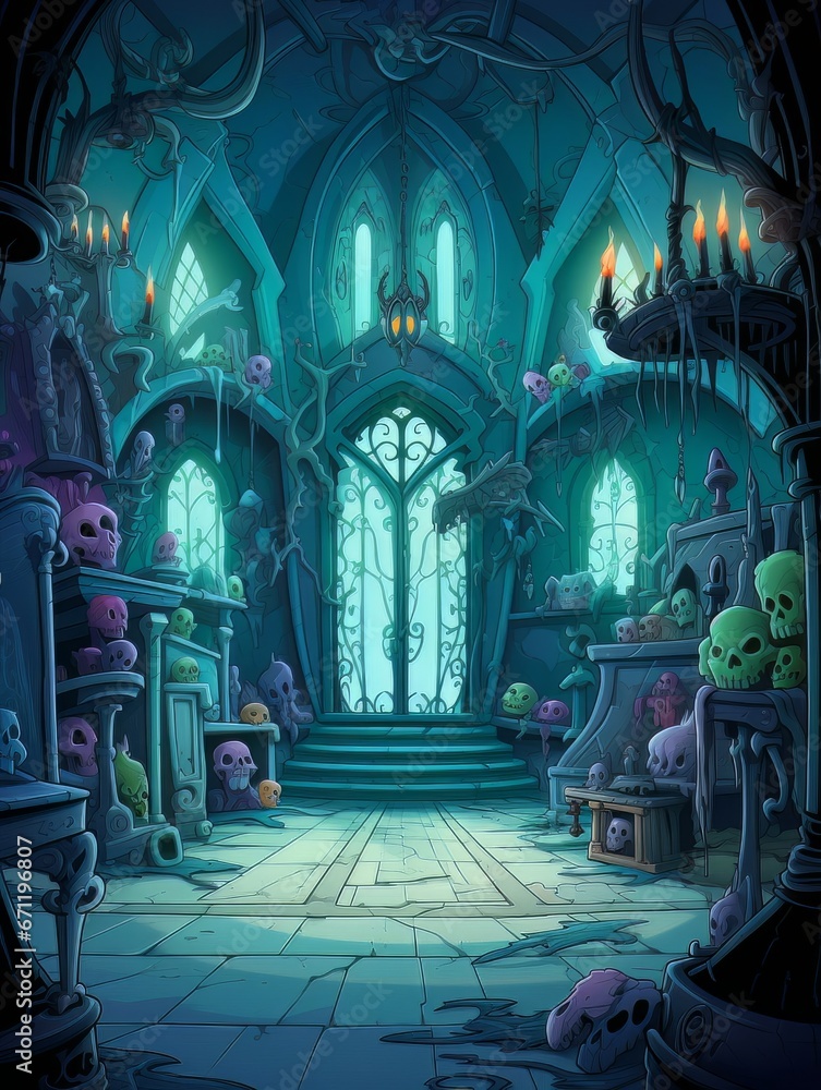 Cartoon creepy room in haunted castle. AI Stock Illustration | Adobe Stock