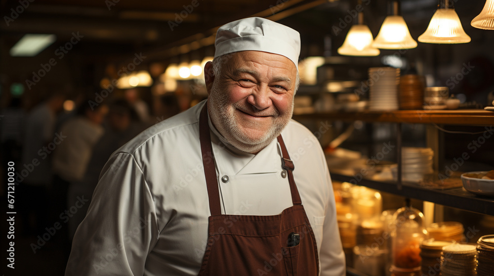 Chef working in the kitchen of a restaurant. Senior man cooking in a ...