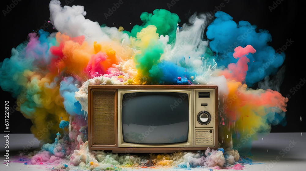 Vintage television set exploding into a cloud of pixels and color bars ...