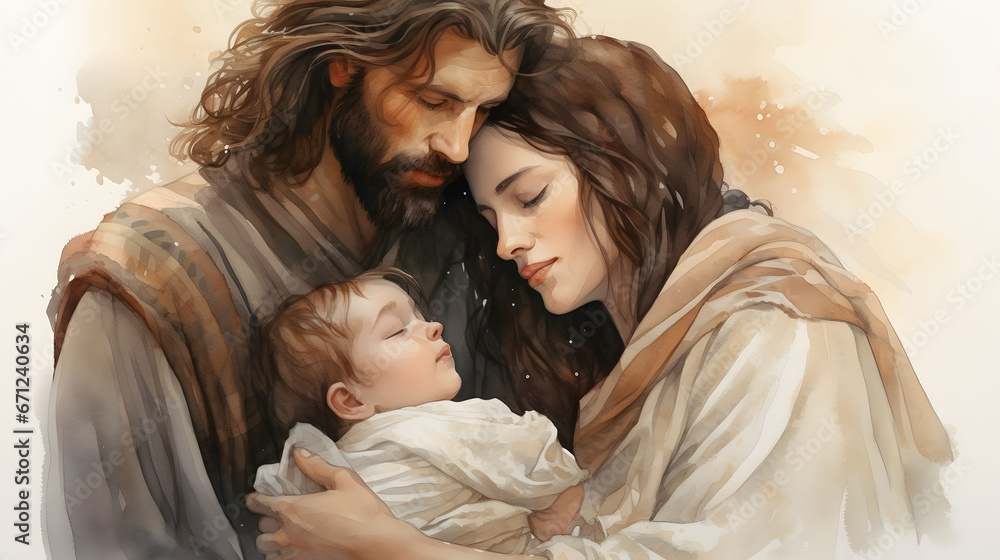 Portrait of Mary and Joseph with his baby Jesus Christ. Beautiful ...