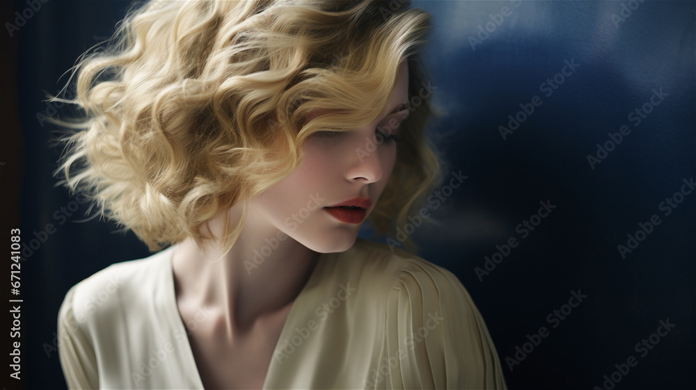 Three-quarter profile of a female model with short blond wavy hair and ...