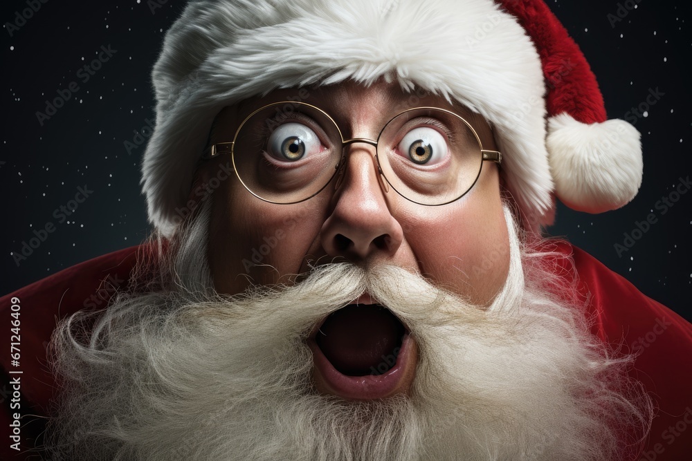 Santa Claus stares in surprise at the frame, close-up. Santa Claus has ...