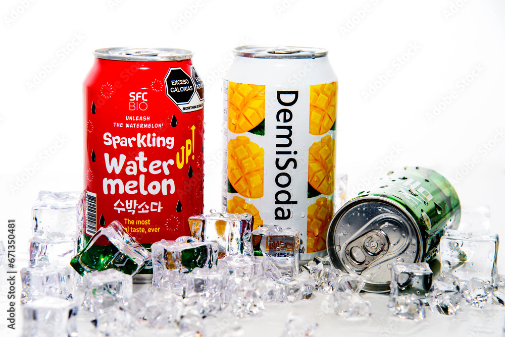 Nonthaburi, Thailand 1 November 2023 Watermelon juice Canned mangoes ...