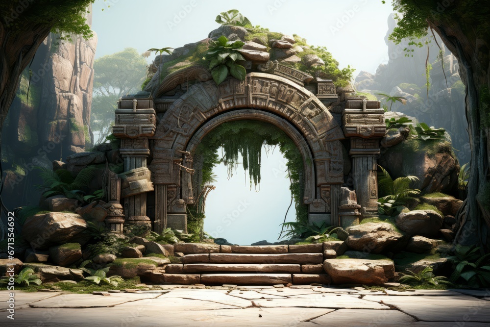 Ancient temple entrance door slowly opening to reveal a mysterious and ...