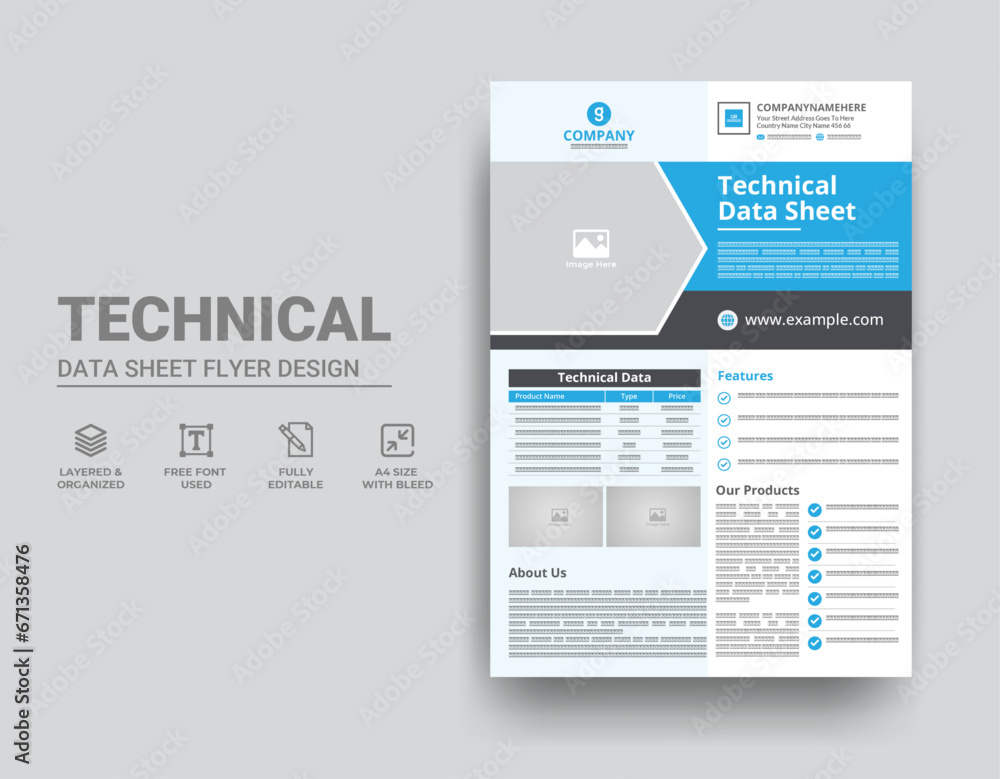 Technical Data Sheet Flyer Template Design Stock Vector | Adobe Stock