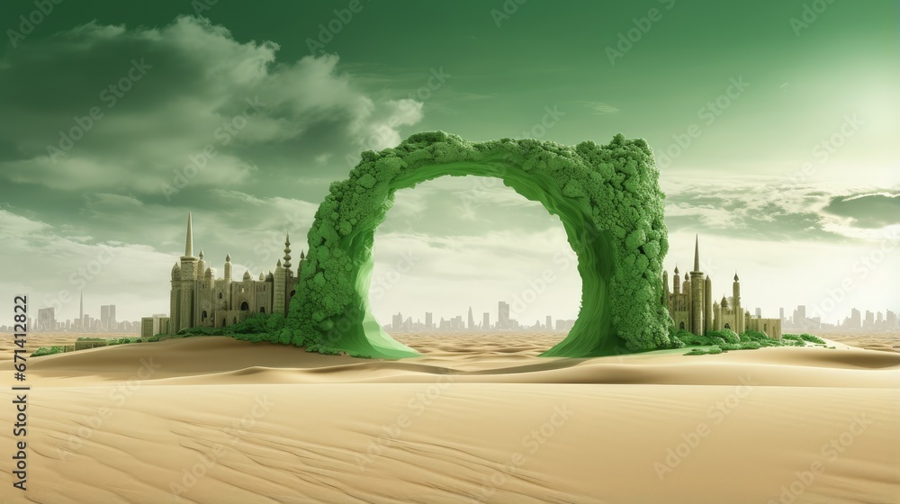 Kingdom of Saudi Arabia skyline with nature. Saudi Arabia flag ...