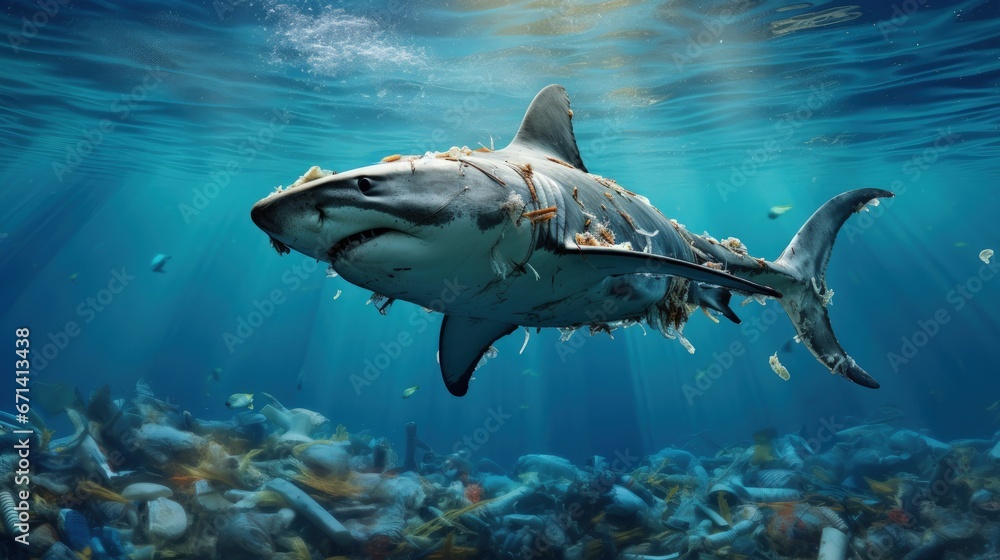 Shark. Save marine life. Conceptual art collage with drawn fish filled ...