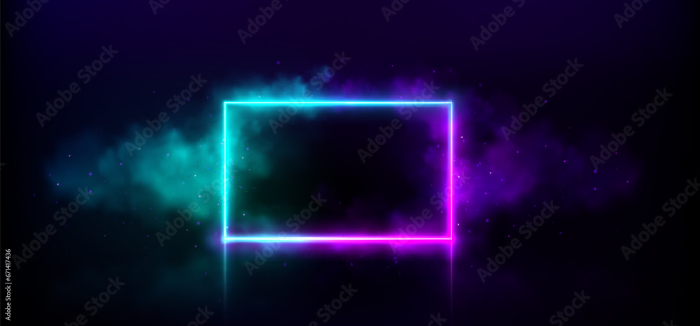 Neon rectangle door light game frame with smoke. Magic square ...
