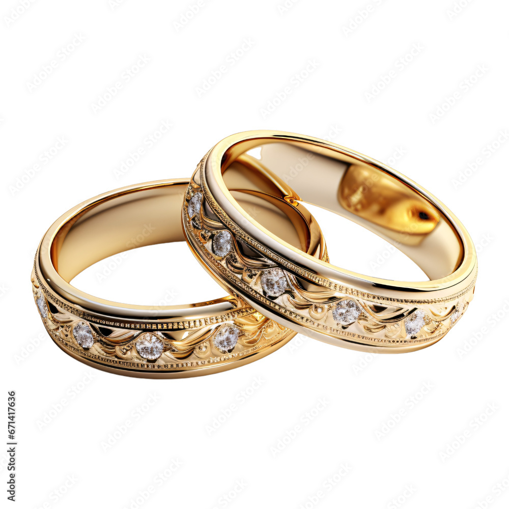 a two gold wedding rings isolated on a transparent background, golden ...