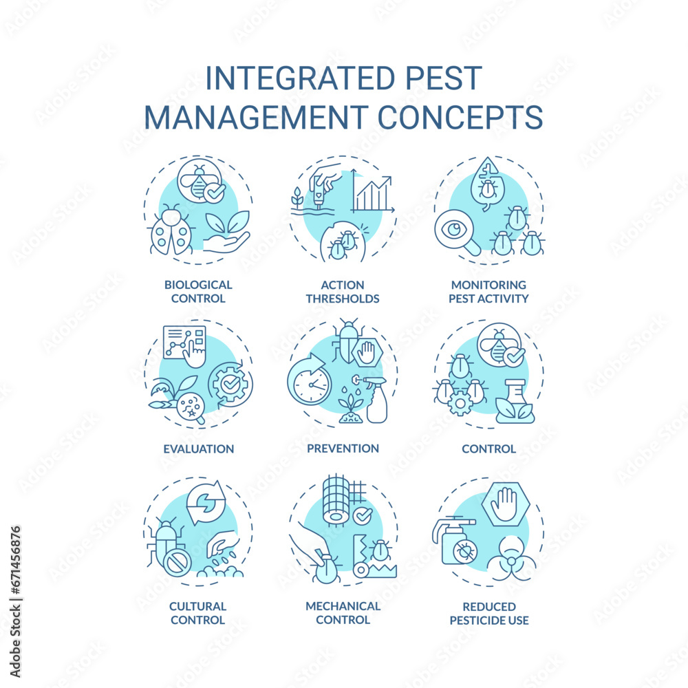 Collection of 2D editable blue thin line icons representing integrated ...