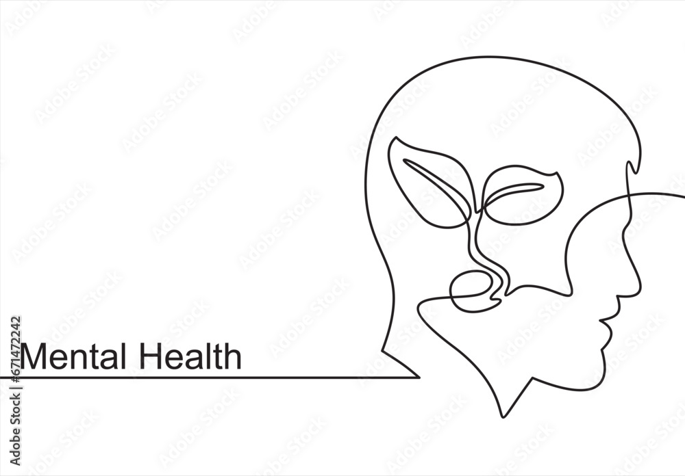 One continuous line drawing of human head with plant inside. Mental ...