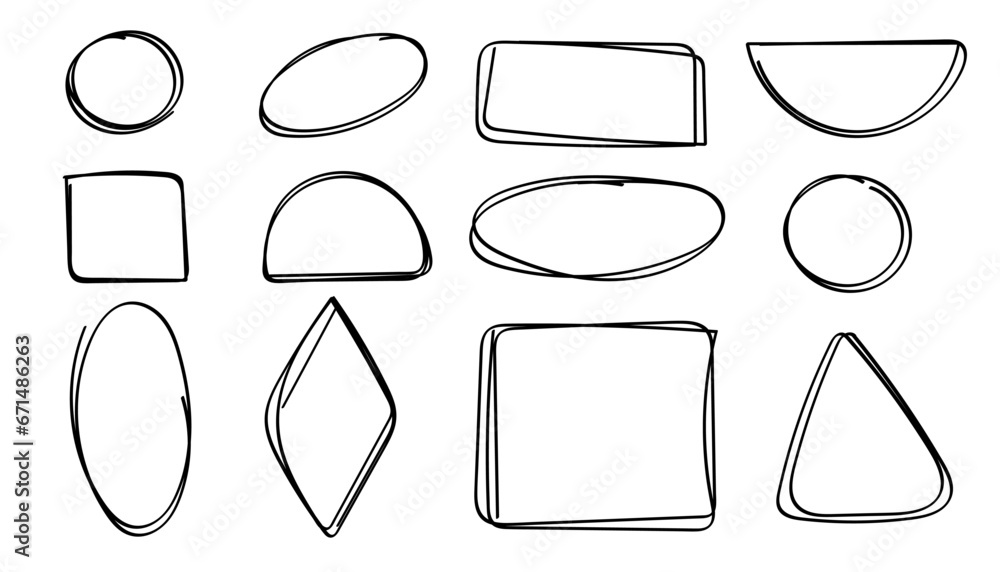 Grunge circles squares triangle set, hand drawn encircle round and ...