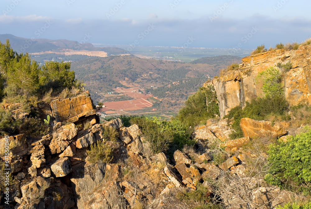 Photo Stock Mountains landscape, nature scenery. Green trees and huge ...