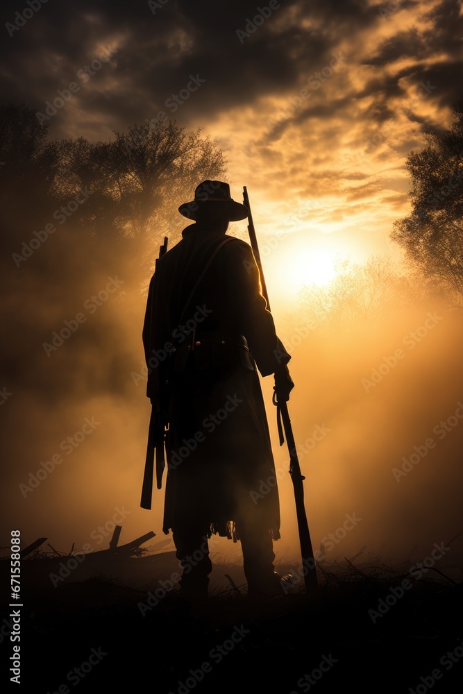 Civil war soldier silhouette. Sunset in the battlefield. Overlooking ...