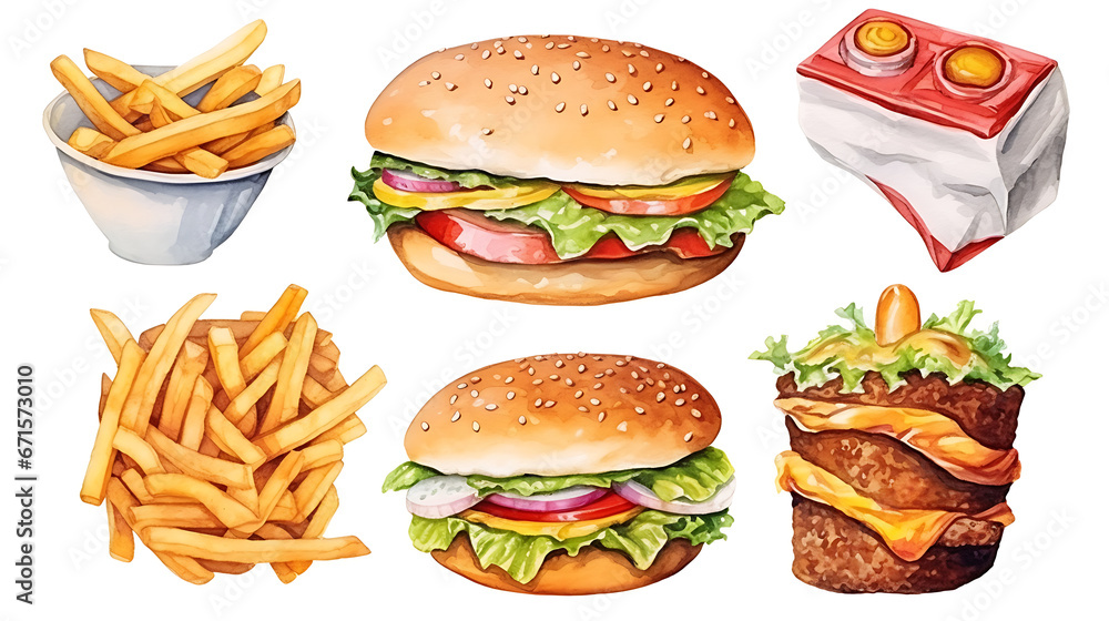 Watercolor Set of fast food elements collection clipart . generative ai ...