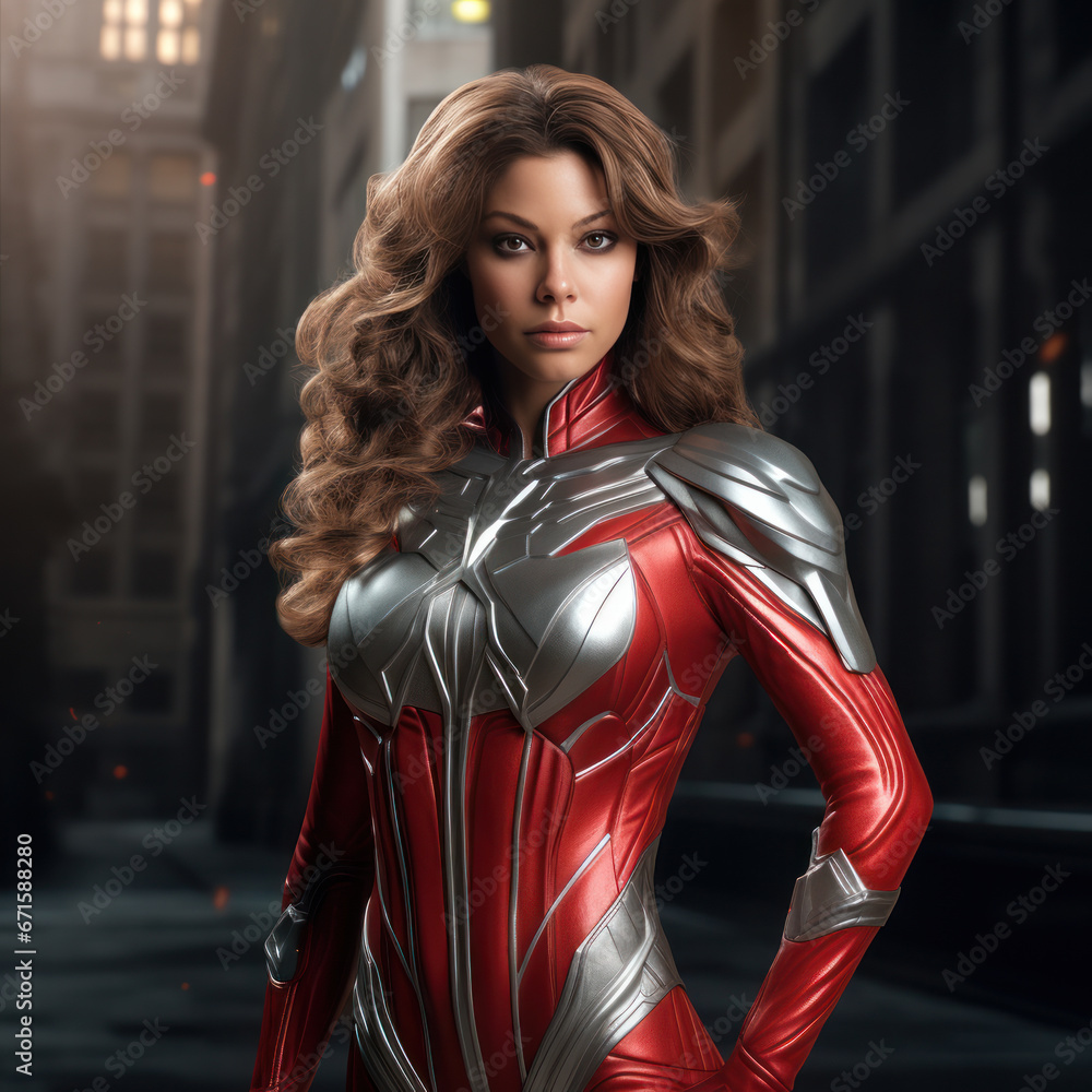 Female superhero in red and silver suit. Stock Photo | Adobe Stock