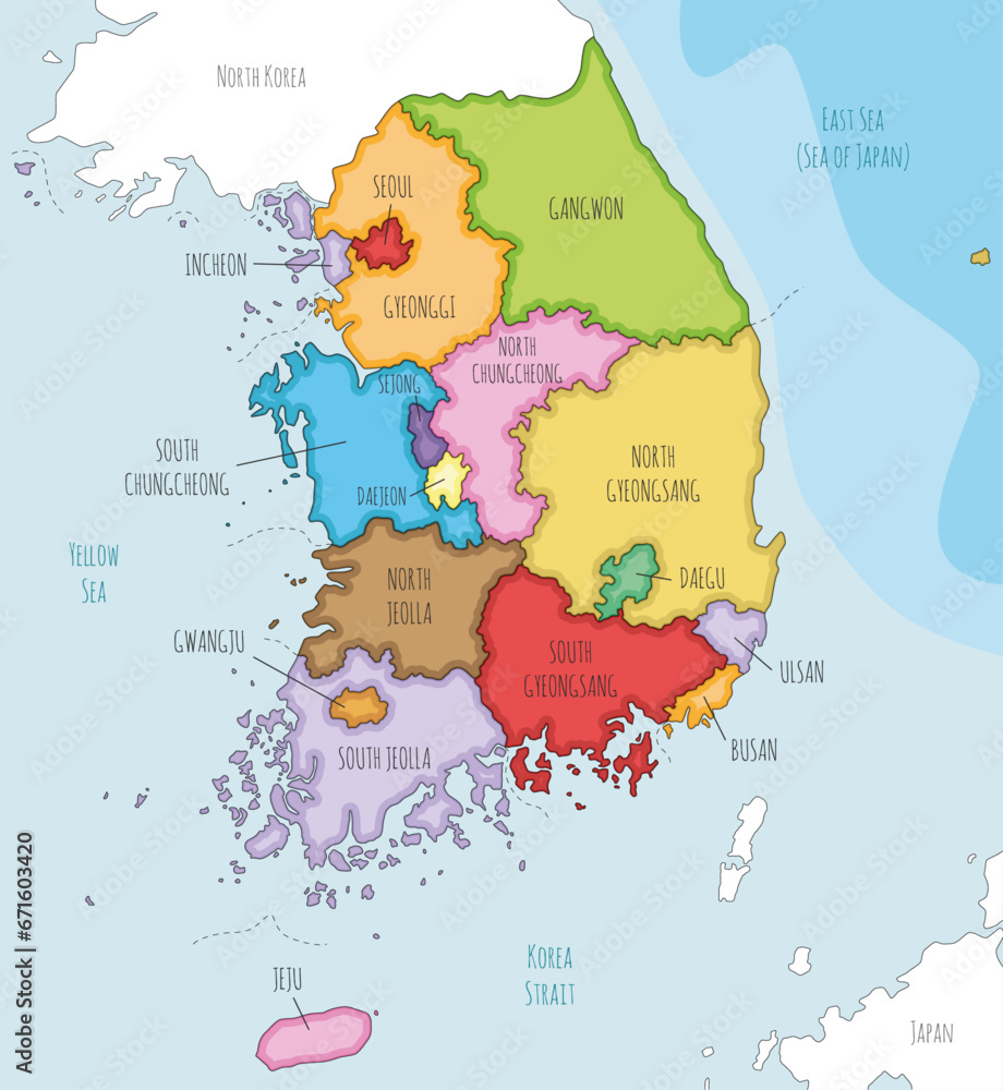 Vector illustrated map of South Korea with provinces, metropolitan ...