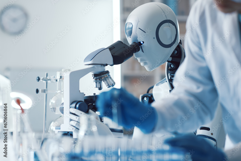 Woman and android robot in the science lab Stock Photo | Adobe Stock