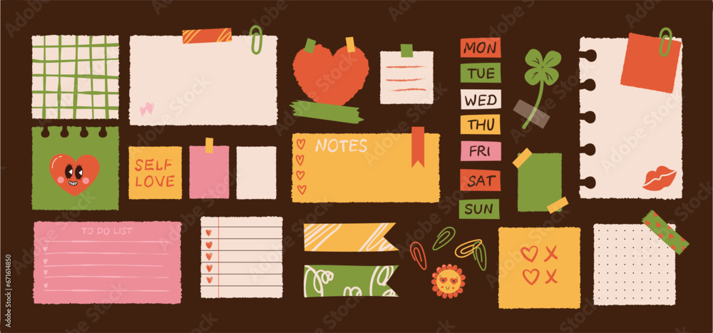 Various Paper notes on stickers. Information board with blank Paper ...