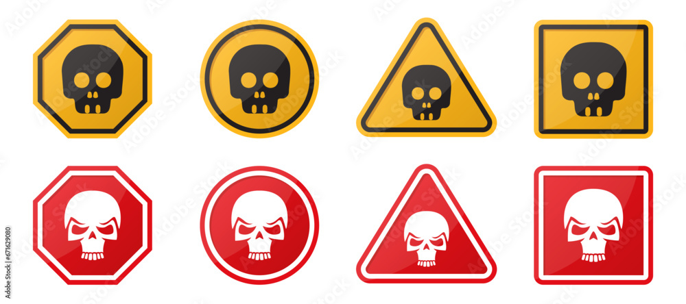 Warning sign collection with skull icon. Set of caution symbol with ...