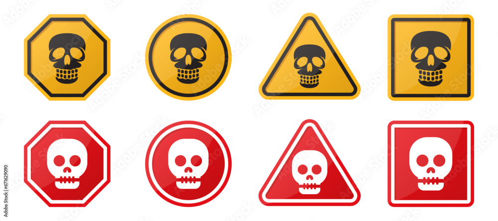Warning sign collection with skull icon. Set of caution symbol with ...