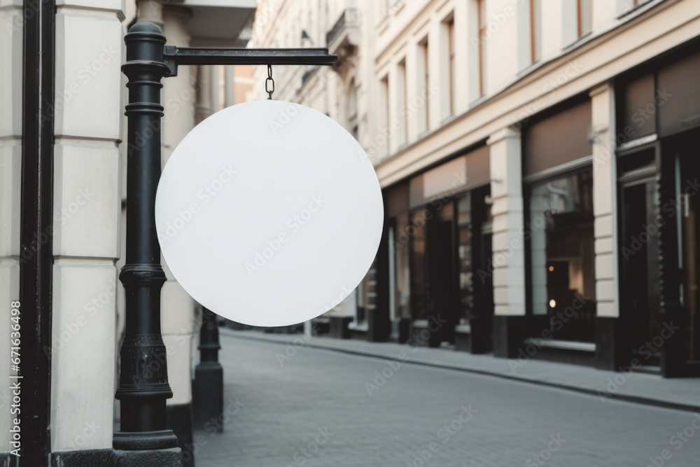 Blank minimal circular shop signboard mockup for design. Street hanging ...