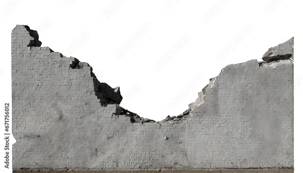 a ruined, collapsed, cracked, or broken concrete brick cement wall ...
