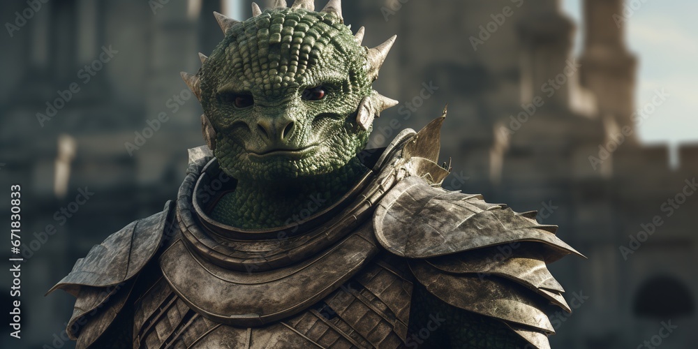 Portrait of a reptilian alien, green and scaly, with a crest of spikes ...